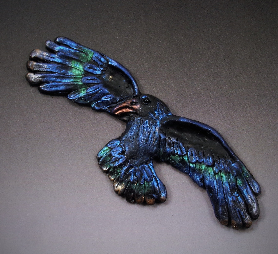 Studiostjames-hand Sculpted Soaring Raven Cabochon With Glass Eye-black ...