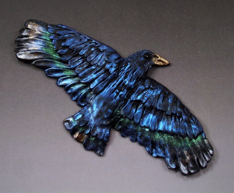 Studiostjames-hand Sculpted Soaring Raven Cabochon With Glass Eye-black ...