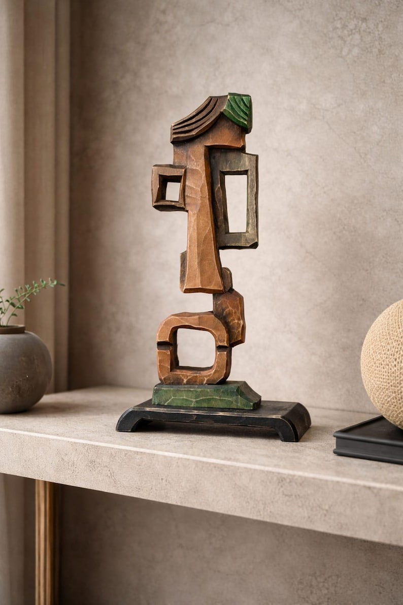 Hand-carved Abstract Linden Wood Sculpture, Modern Geometric Art Object ...