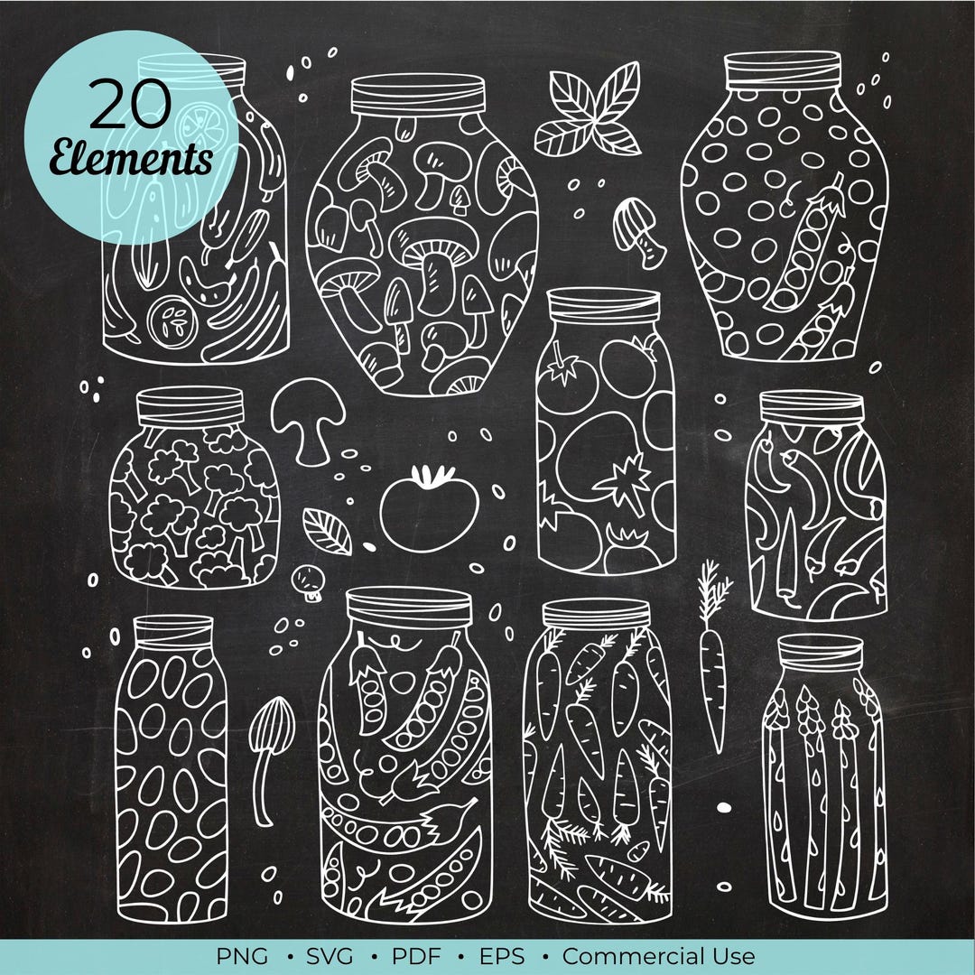 Pickle Jar Clipart Bundle, Chalk Drawing Canning Doodles, Canva ...