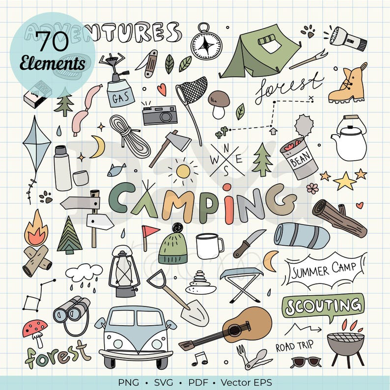 Camping Clipart Bundle, Hand Drawn Outdoor Stickers, Adventure Doodle ...