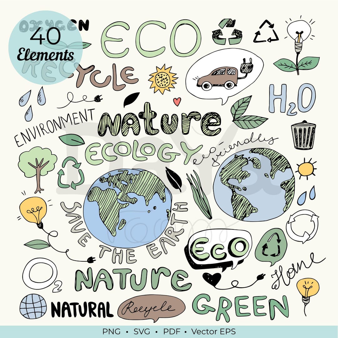 Eco Clipart Bundle, Hand Drawn Ecology Doodles, Nature Environment ...