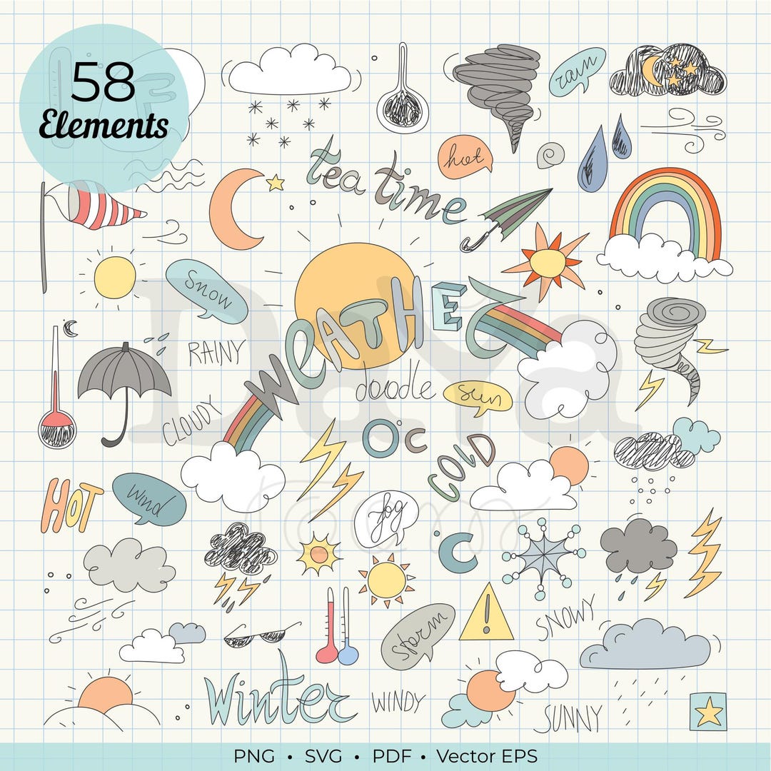 Hand-drawn Weather Clipart Bundle PNG SVG, Seasons Clipart, Weather ...