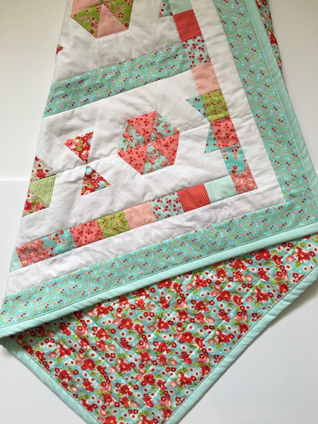Little Ruby Baby Quilt; Baby Blanket; Shabby Chic Nursery; Aqua and Red Floral; Crib Bedding - Etsy