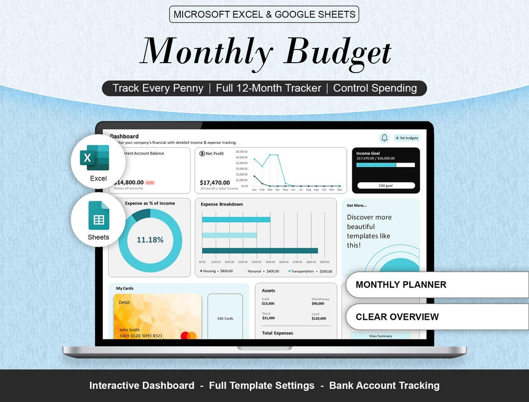 Monthly Budget Planner Excel Template Personal Finance Spreadsheet Bill ...