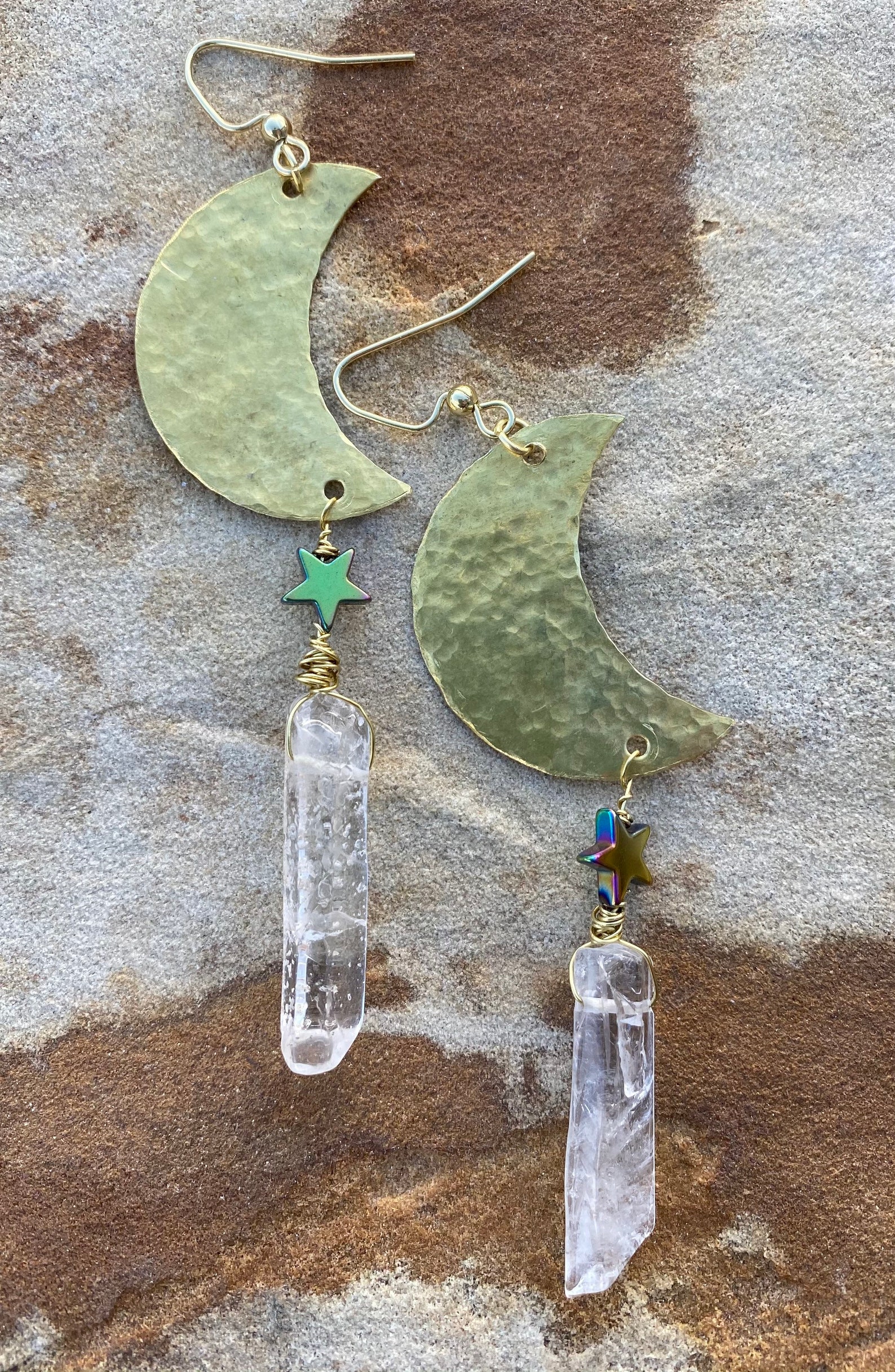 Crescent Moon & Quartz Crystal Celestial Hammered Metal | Etsy