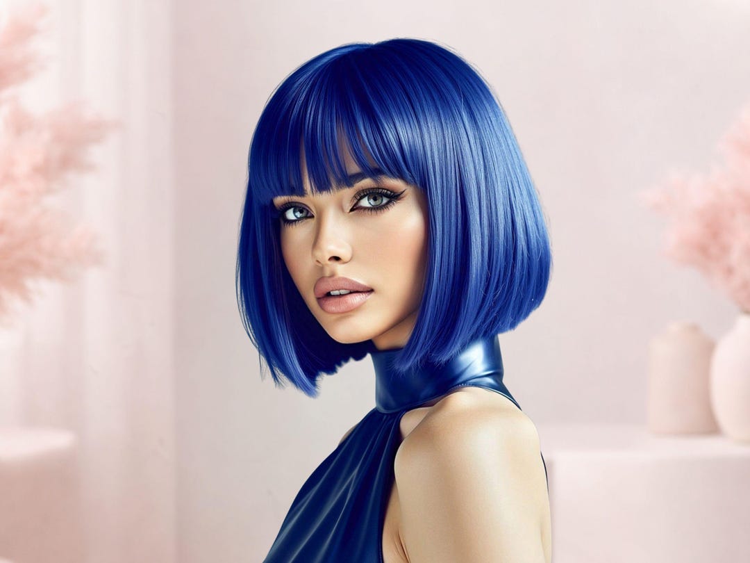 Blue Bob Wig With Bangs Short Straight Cosplay Wig for Women - Etsy