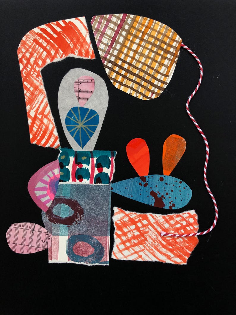 Collage on Black Paper With String, Original Mixed Media Collage - Etsy