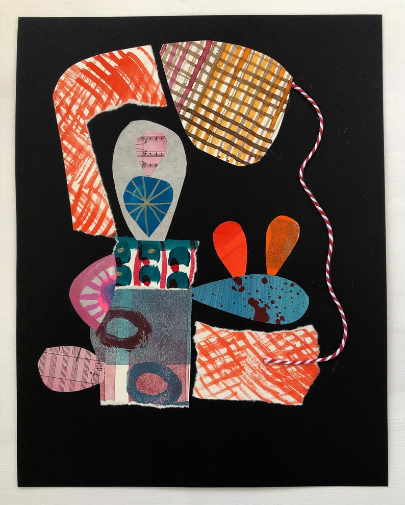 Collage on Black Paper With String, Original Mixed Media Collage - Etsy
