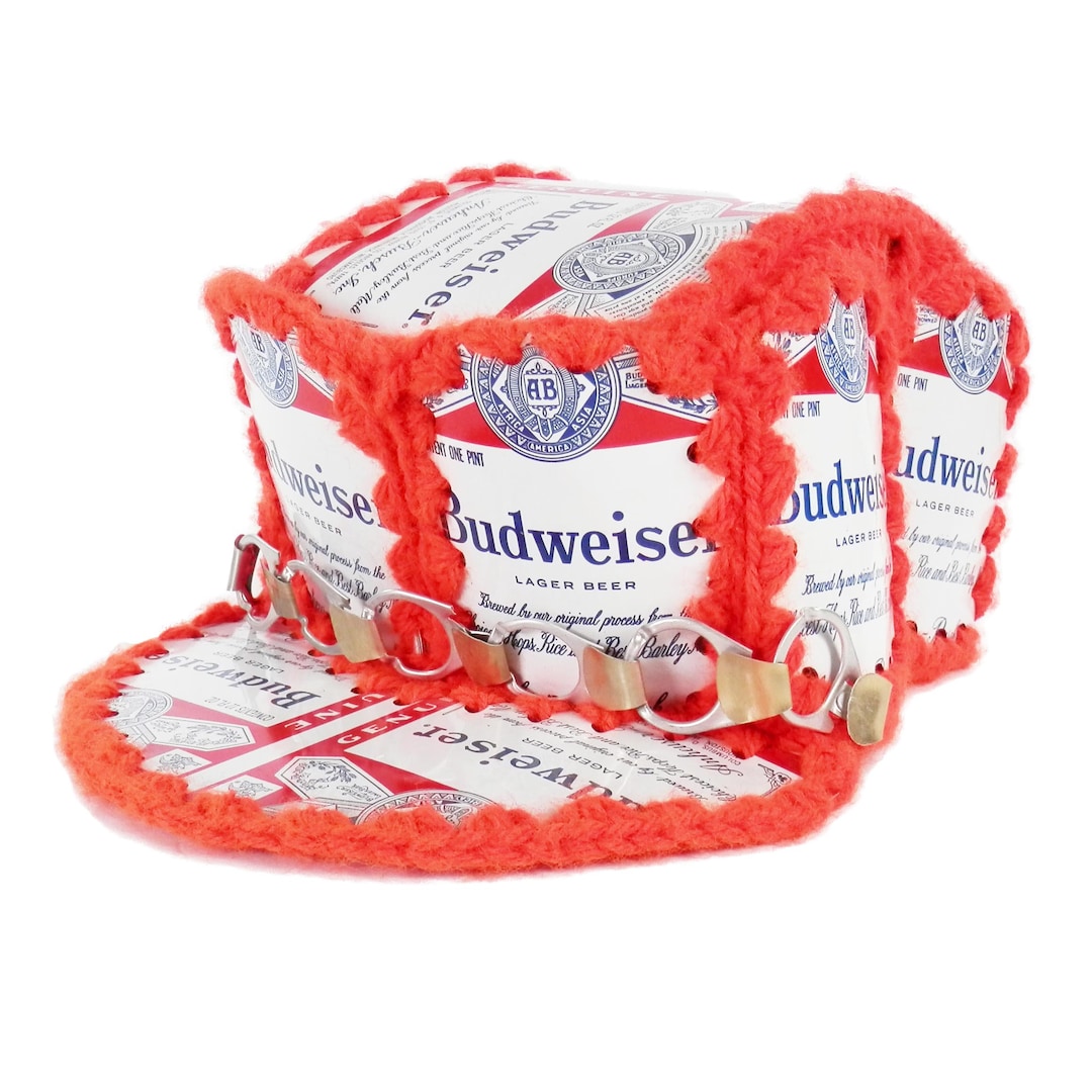 Vintage Budweiser Beer Can Baseball Hat Handmade Crochet Cap Red Blue ...