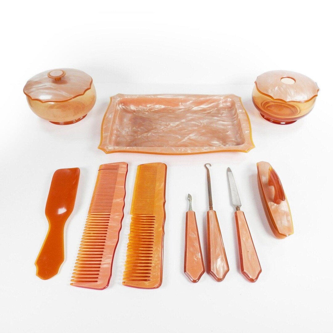 10 Pc Vintage Dupont Pyralin Celluloid Vanity Tray Set Jars Pearlized ...