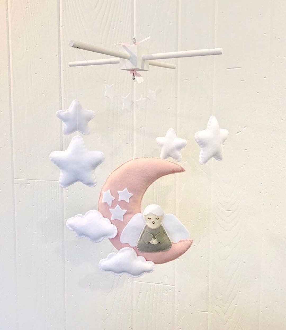 Baby Mobile Moon and Angel, Moon Mobile, Moon Stars Mobile, Pink and ...