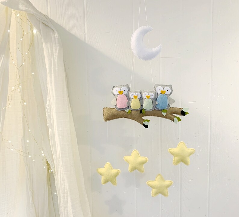 Felt Owl Family Baby Mobile – Woodland Nursery Decor, Moon Stars Branch ...