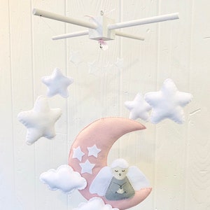 Baby Mobile Moon and Angel, Moon Mobile, Moon Stars Mobile, Pink and ...
