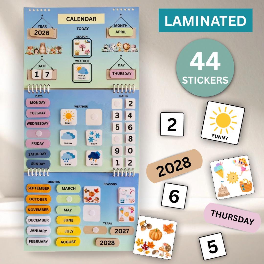 Kids Learning Montessori LAMINATED Daily Calendar With Velcro Stickers ...