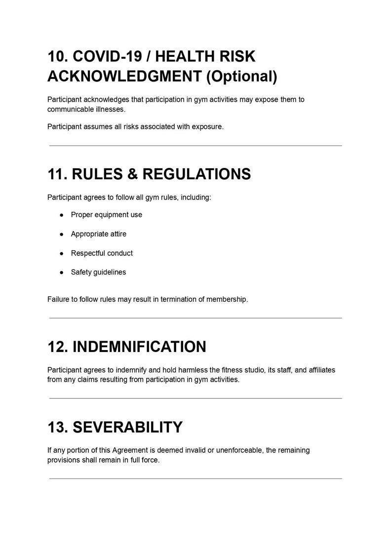 Gym Liability Waiver Release Agreement | Fitness Studio, Personal ...