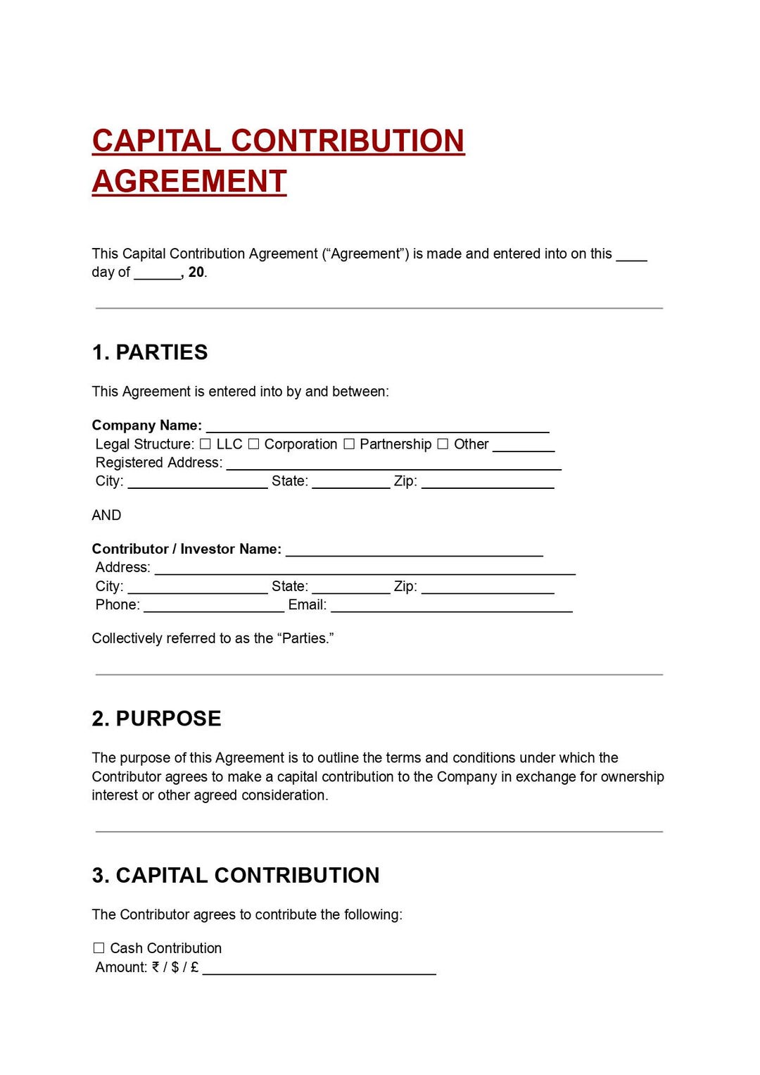 Capital Contribution Agreement Template Editable DOC & PDF | Business ...