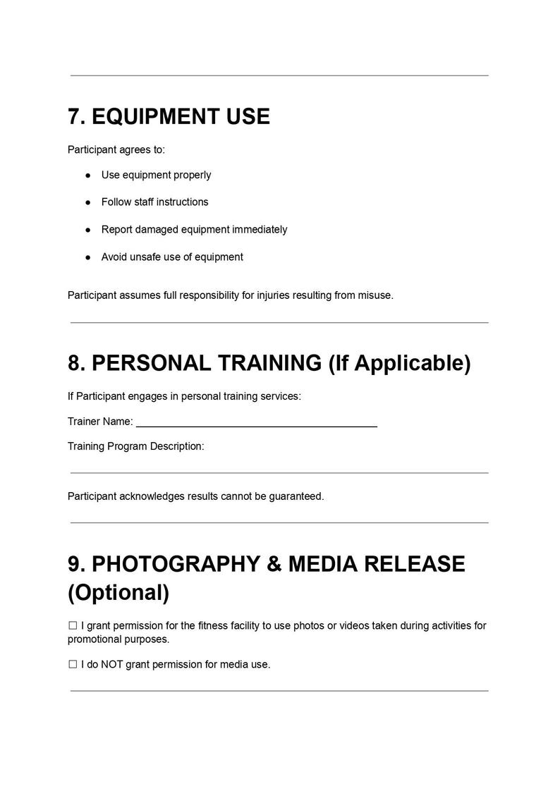 Gym Liability Waiver Release Agreement | Fitness Studio, Personal ...