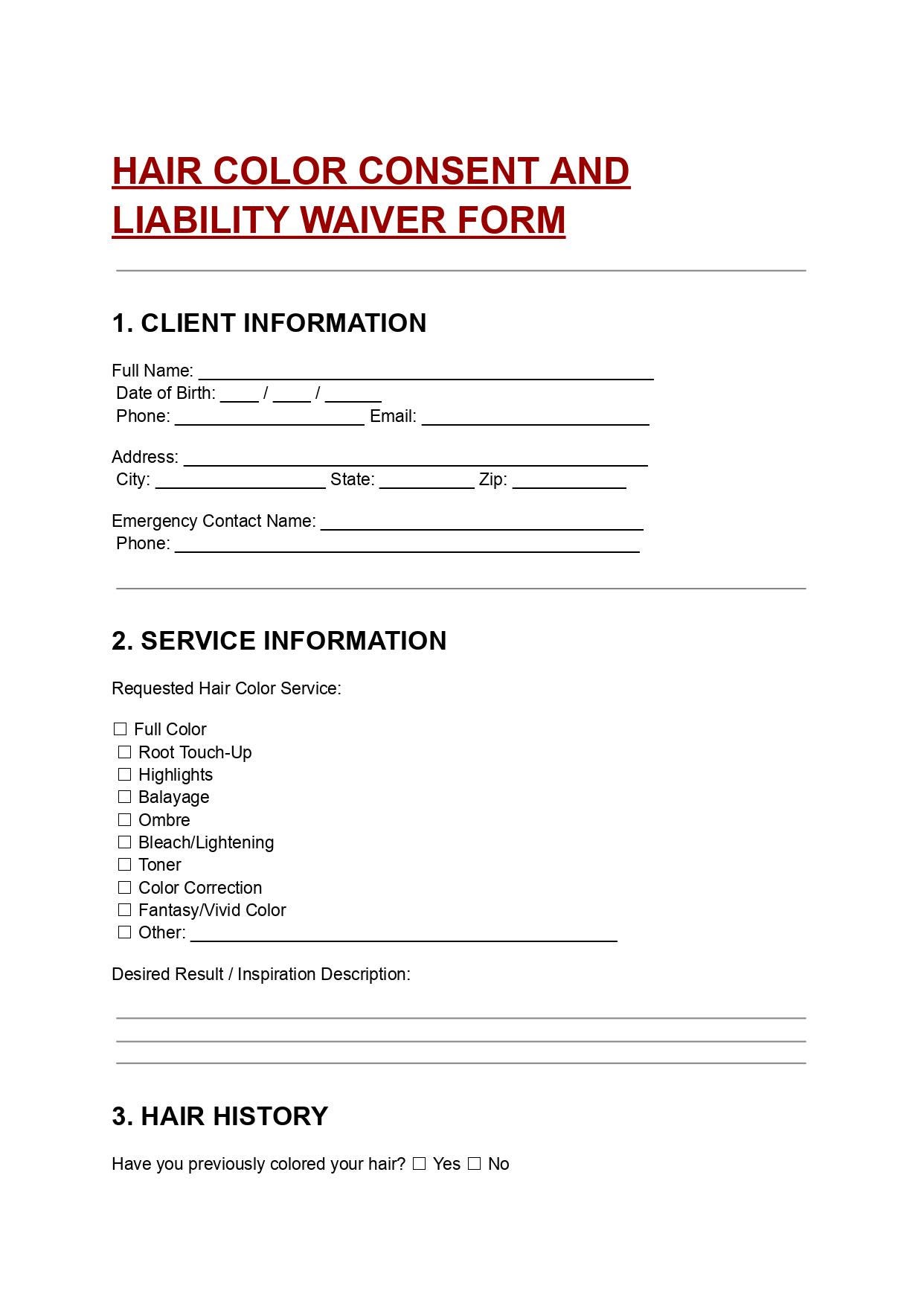 Hair Color Consent Liability Waiver Form | Salon Chemical Service ...