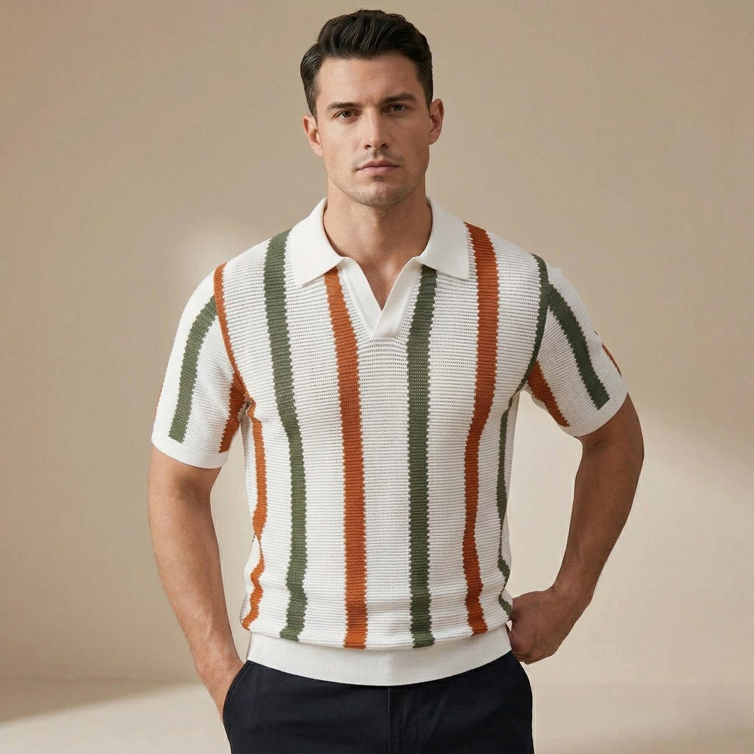 Men's Ribbed Knit Polo Shirt, Vertical Stripe Summer Top, Retro Casual ...