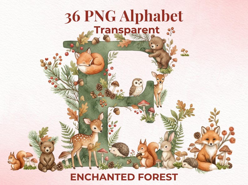 Watercolor Woodland Alphabet PNG | Forest Animal Letters A-Z 0-9 ...