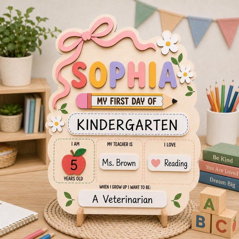 Custom First Day of Kindergarten Sign, Personalized Back to School Gift ...
