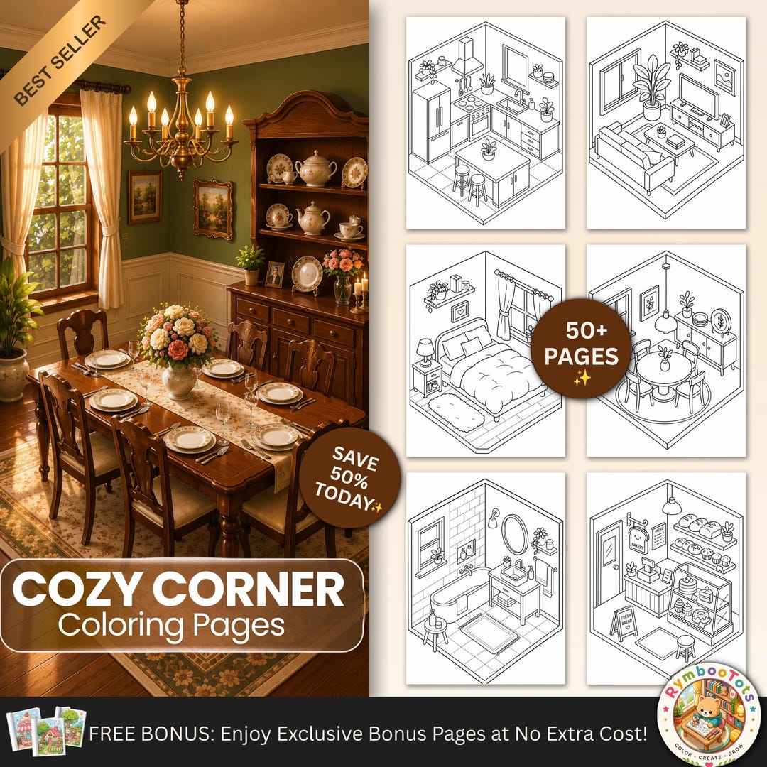Cozy Corner Coloring Pages for Adults, Bold and Easy Isometric Room Art ...