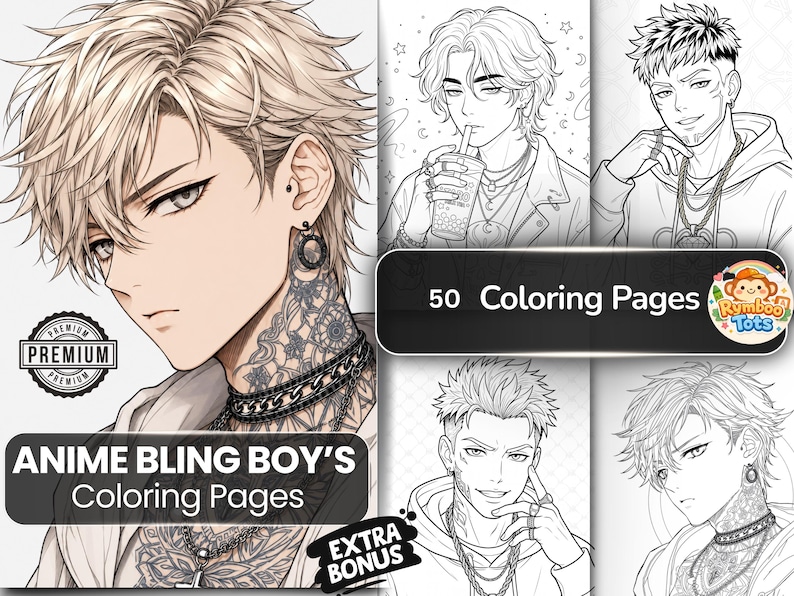 Anime Bling Boys Coloring Pages for Kids Teens Adults, Printable Manga ...