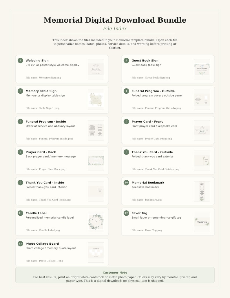 Memorial Service Template Bundle, Digital Download, PDF and PNG Files ...