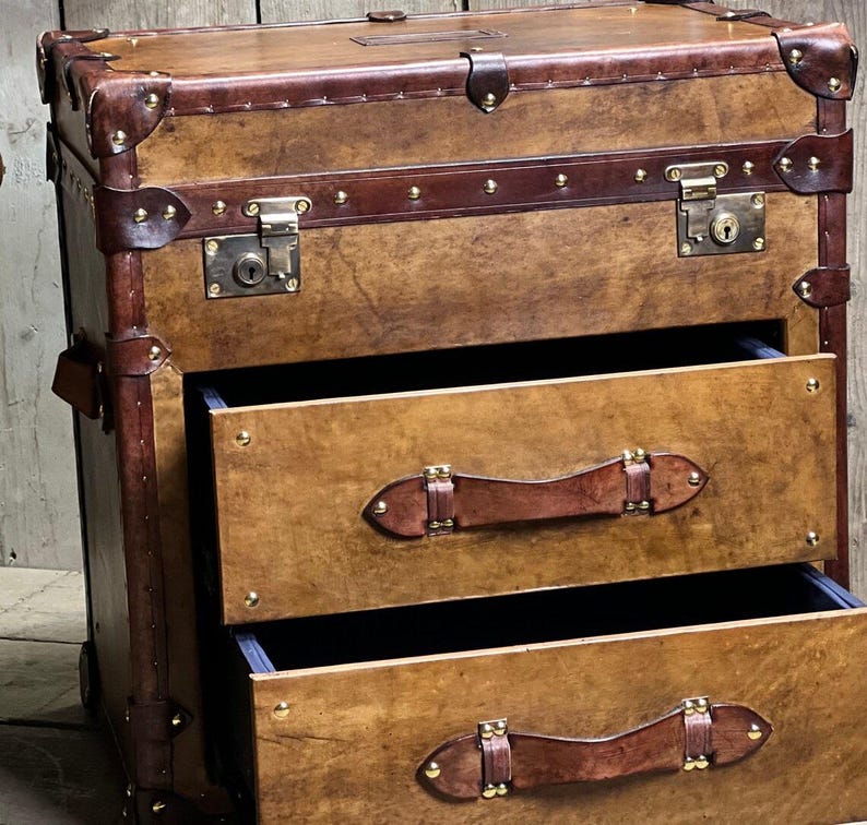 Bespoke English Leather Side Table Trunk With Drawers | Campaign ...