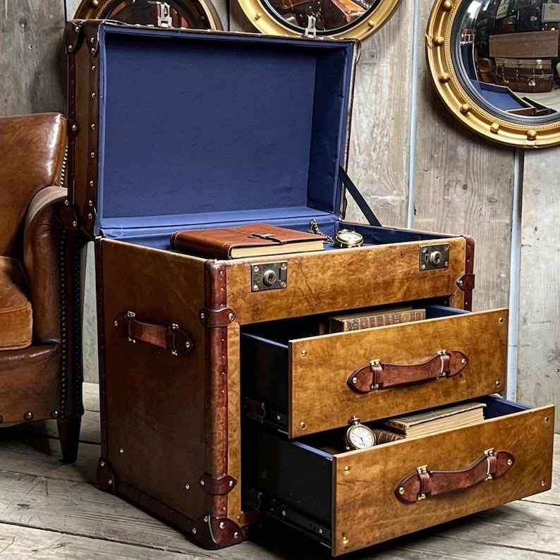 Bespoke English Leather Side Table Trunk With Drawers | Campaign ...