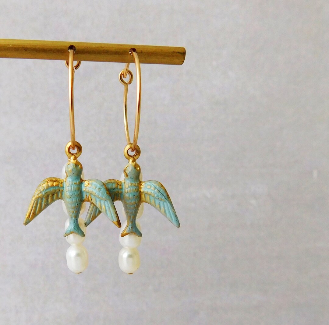 Sparrow Earrings, Pearl and Bluebird Charm Earrings, Gold Hoop Bird ...