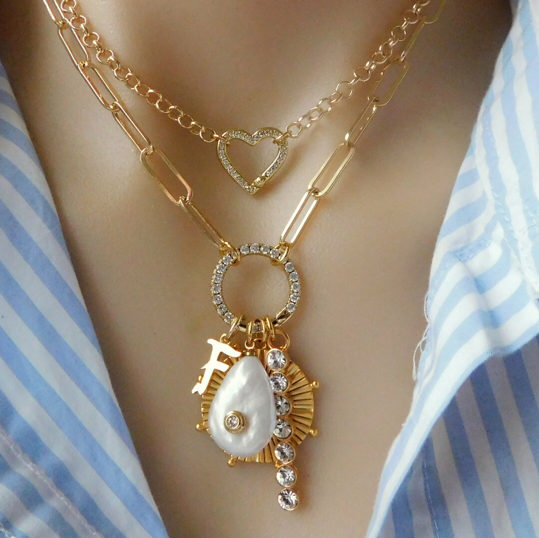 Personalized Gold Necklace, Mixed Charm Necklace, Freshwater Pearl and ...