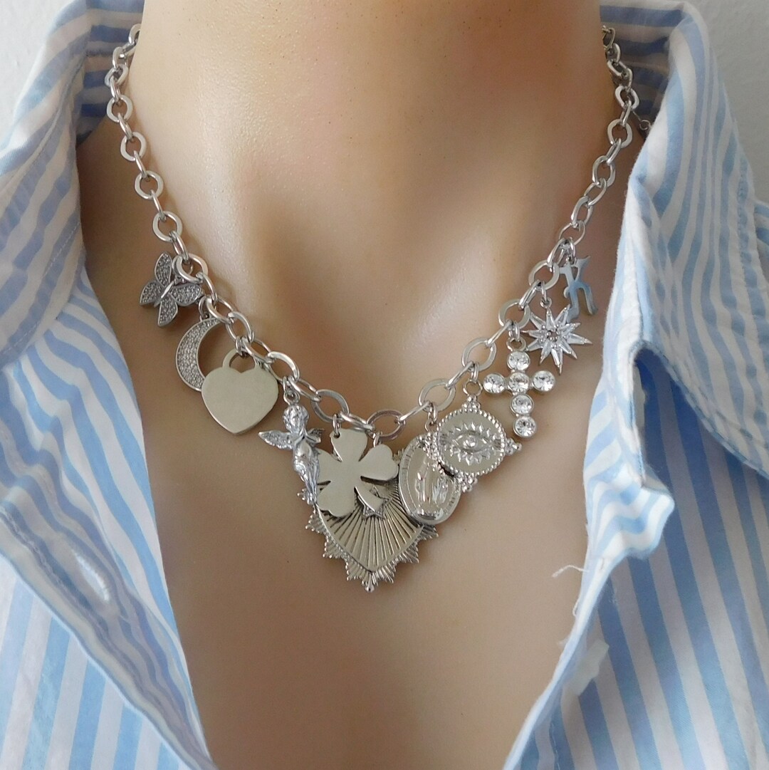 Personalized Mixed Charm Necklace, Silver Charm Necklace, Statement ...