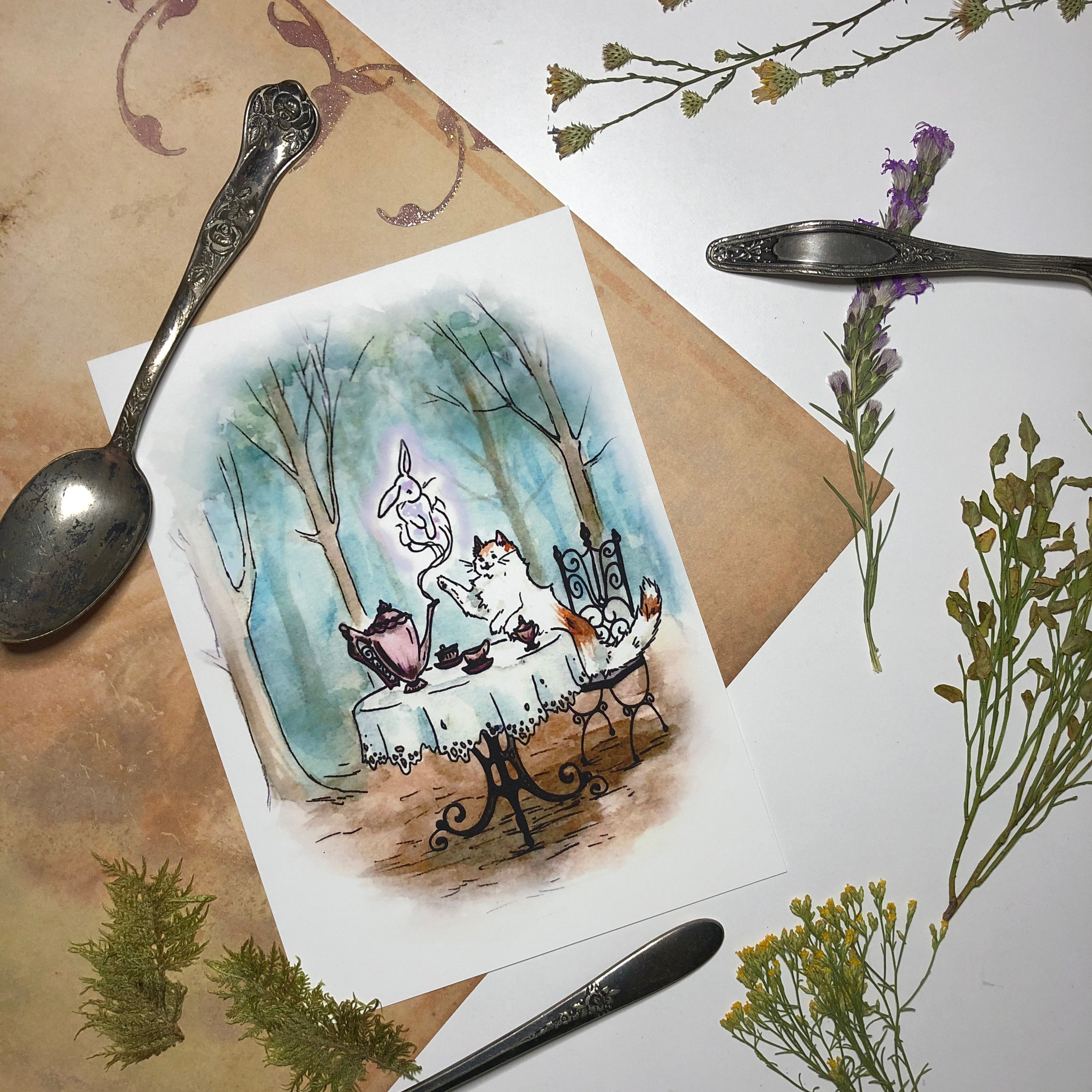Kitty Cat Tea Party With Bunny Ghost Guest~5x7 Art Print of Original ...