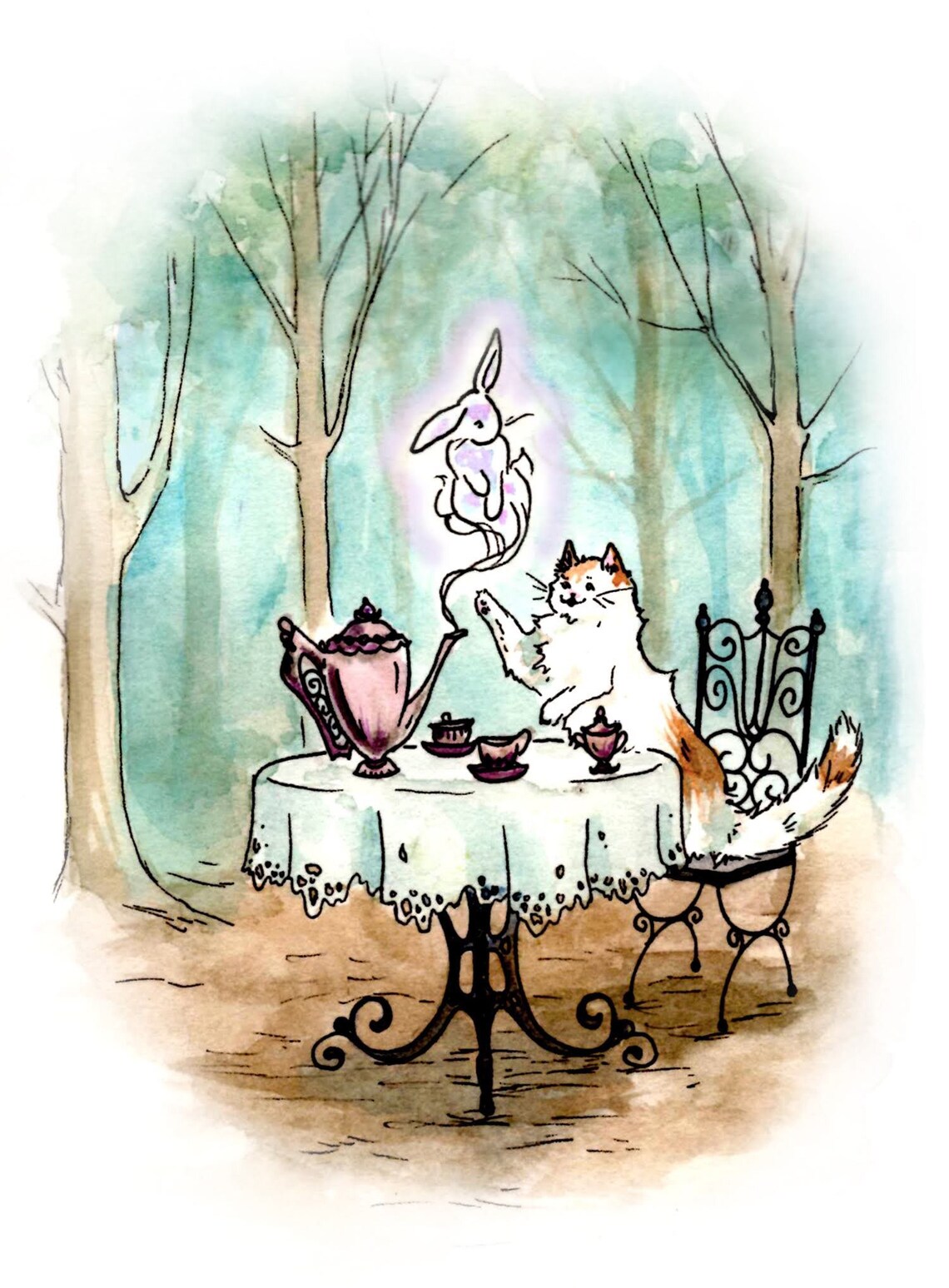 Kitty Cat Tea Party With Bunny Ghost Guest~5x7 Art Print of Original ...