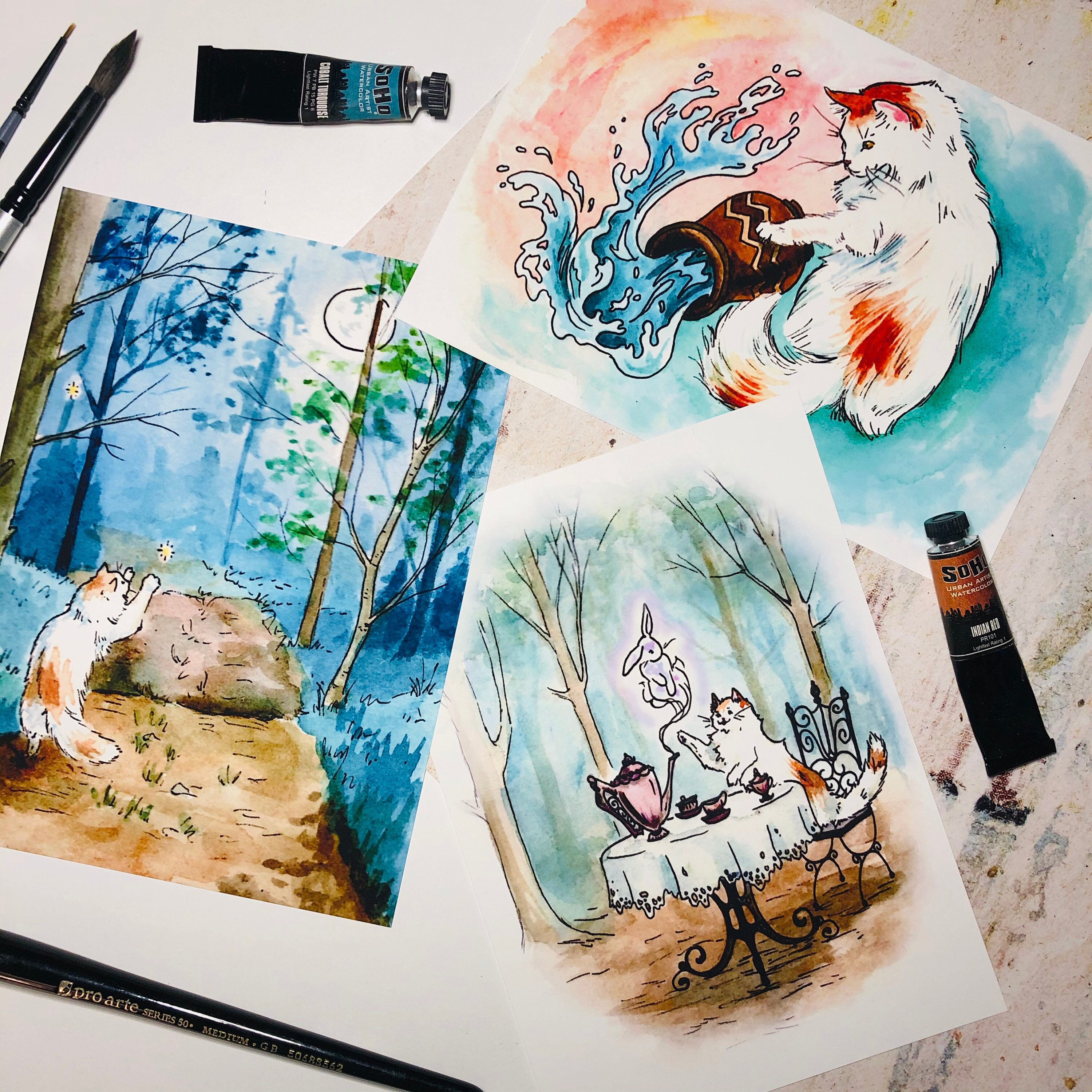 Kitty Cat Tea Party With Bunny Ghost Guest~5x7 Art Print of Original ...