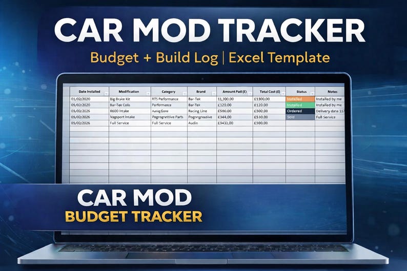 Car Mod Budget Tracker | Vehicle Build Log Excel Template (digital ...