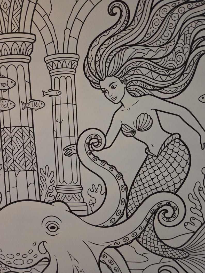 Giant Mermaid Coloring Poster – Fantasy Ocean Wall Art, Large Relaxing ...