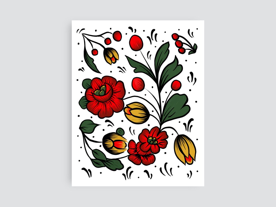 Yellow and Red Folk Art Flower Print, Floral Pattern Wall Art ...