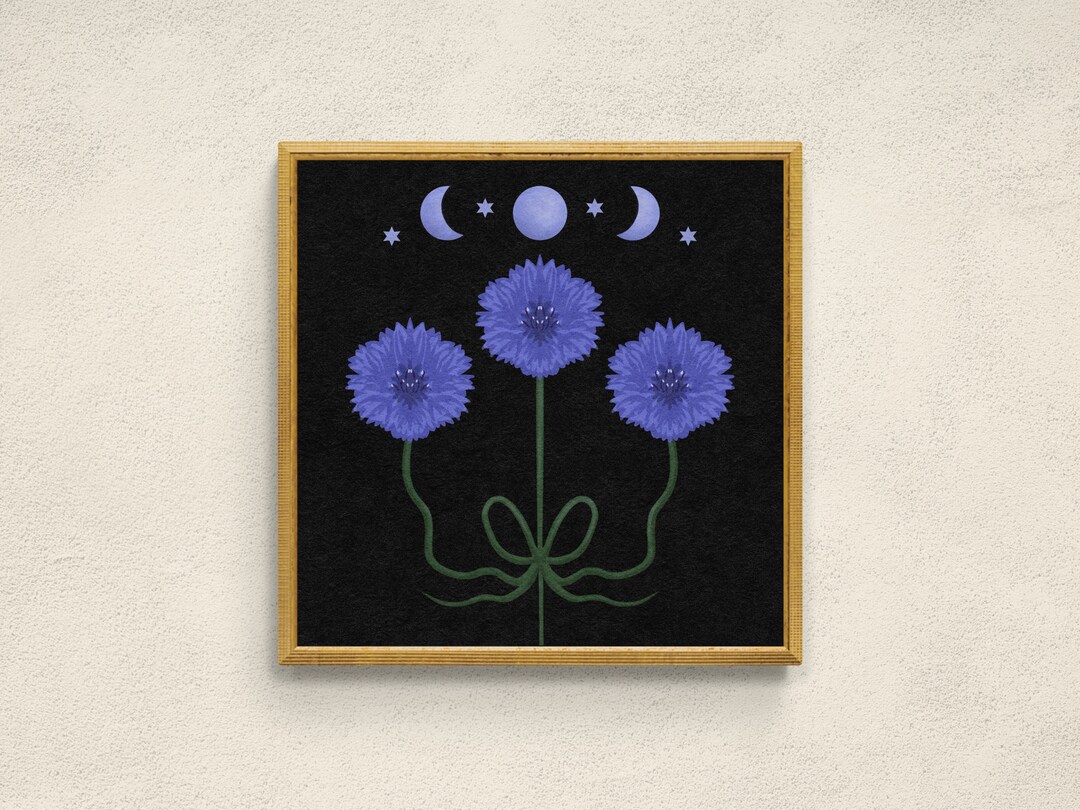 Bachelors Buttons Floral Folk Art Print Dark Cottagecore - Etsy