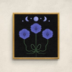 Bachelors Buttons Floral Folk Art Print, Dark Cottagecore Botanical ...