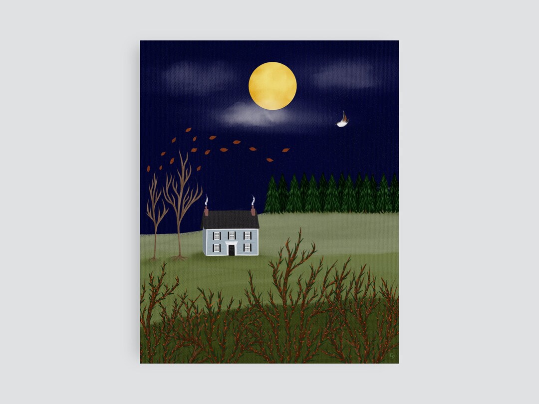 Autumn Folk Art Print of a Landscape Painting, Earth Tone Wall Art ...