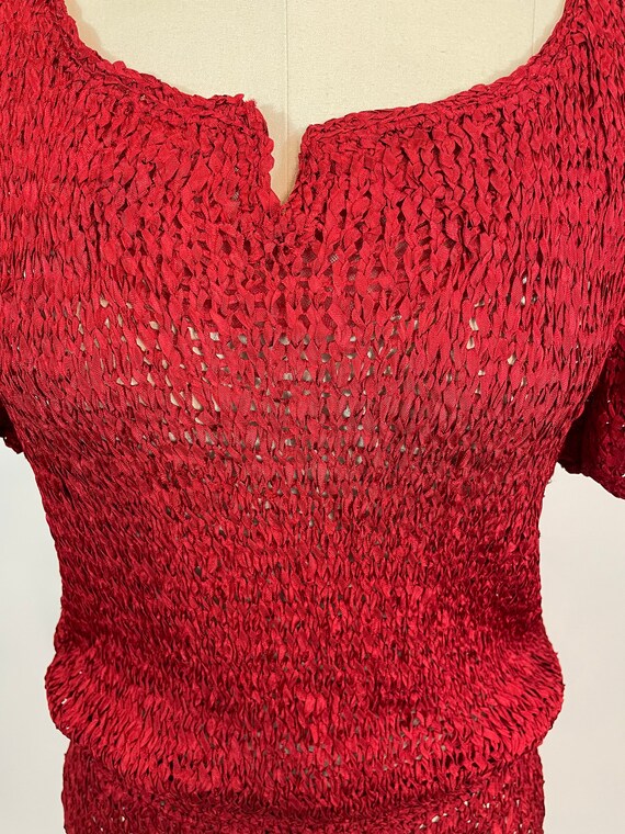 Vintage 1940s Hand knit red Ribbon Dress with Notched… - Gem