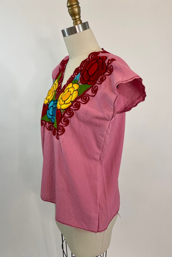 Vintage 1970s Mexican Pink Embroidered Cotton Top, Sm… - Gem