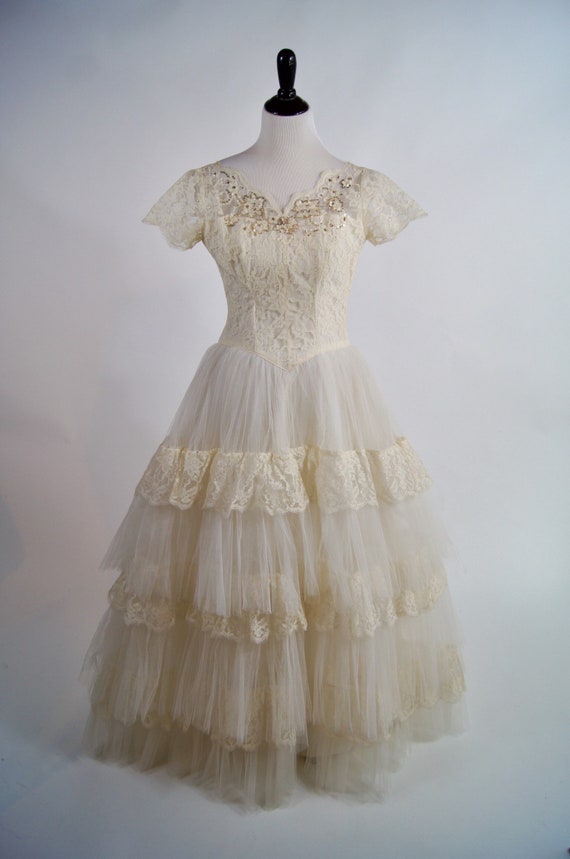1950s wedding dress, beaded lace tulle bridal gown, s… - Gem
