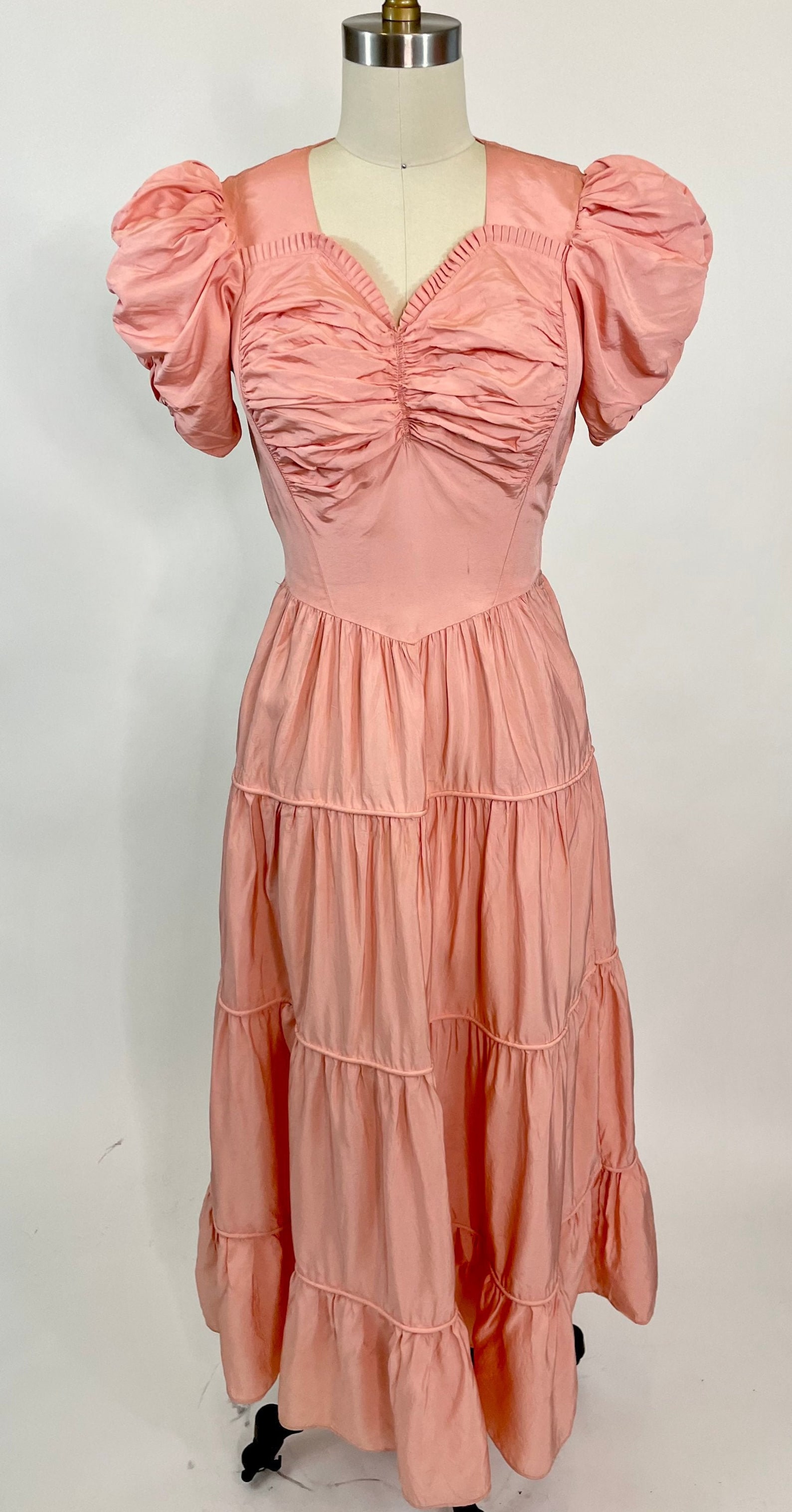Vintage 1940s Pink Ruched Long Tiered ruffle Dress with sash | Etsy