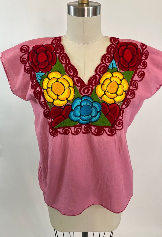 Vintage 1970s Mexican Pink Embroidered Cotton Top, Sm… - Gem