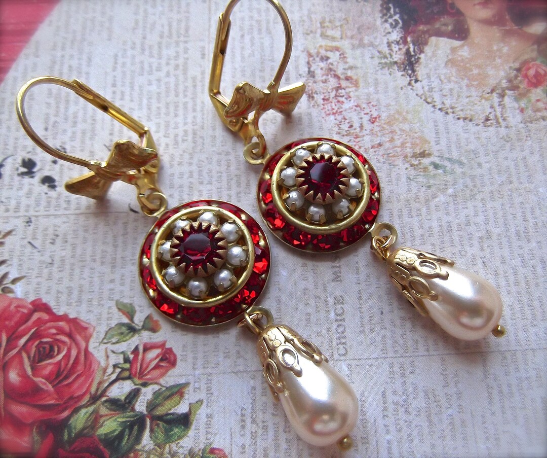 Red Swarovski Earrings, Vintage Swarovski, Red and White Drops, Red and ...