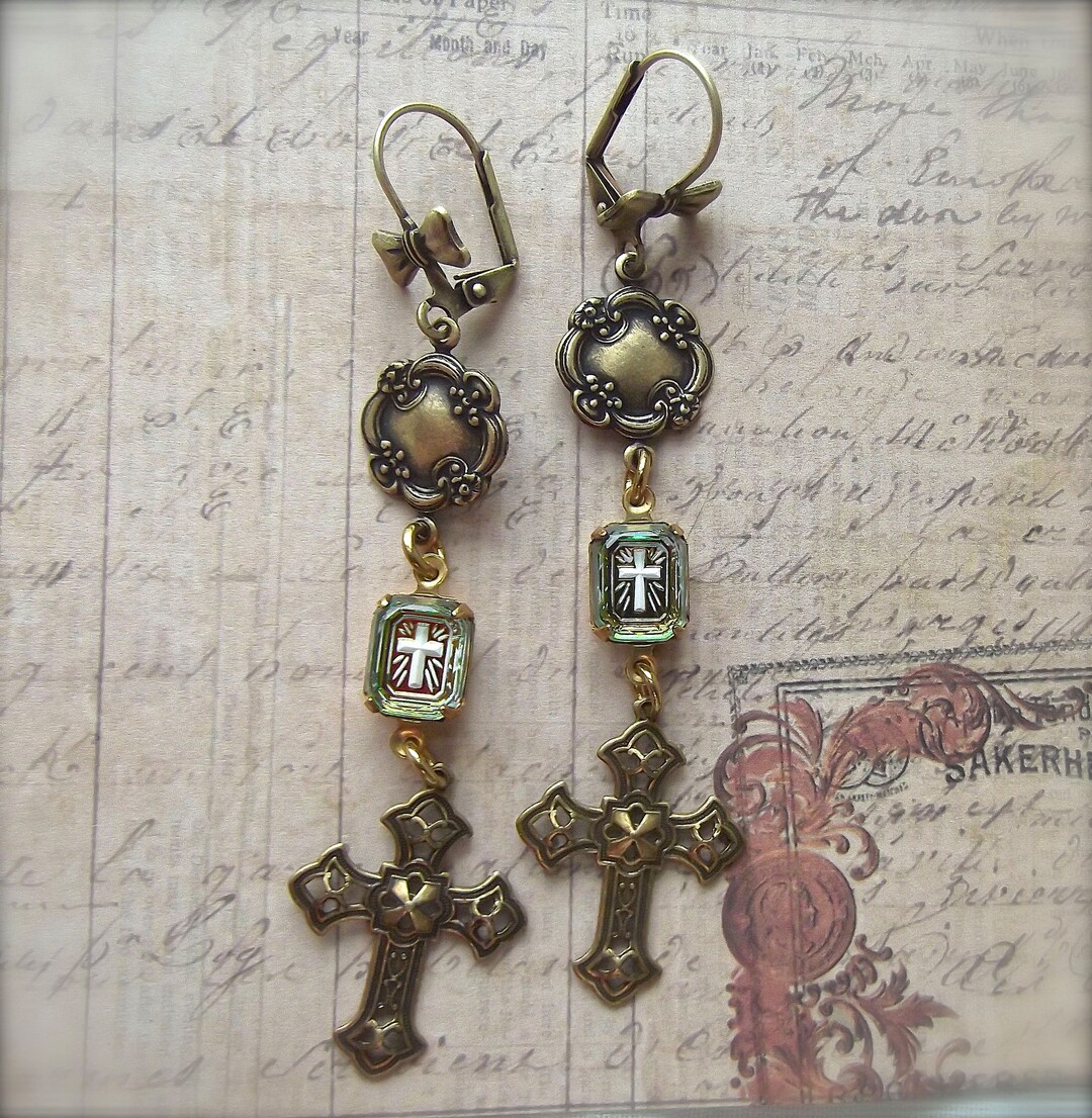 Long Cross Crystal, Cross Crystals,filigree Cross Earrings,brass Ox ...